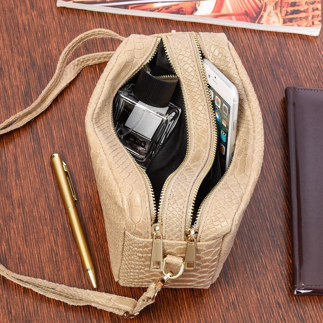 Beżowa Torebka damska Mała skórzana listonoszka kuferek croco brązowy ...